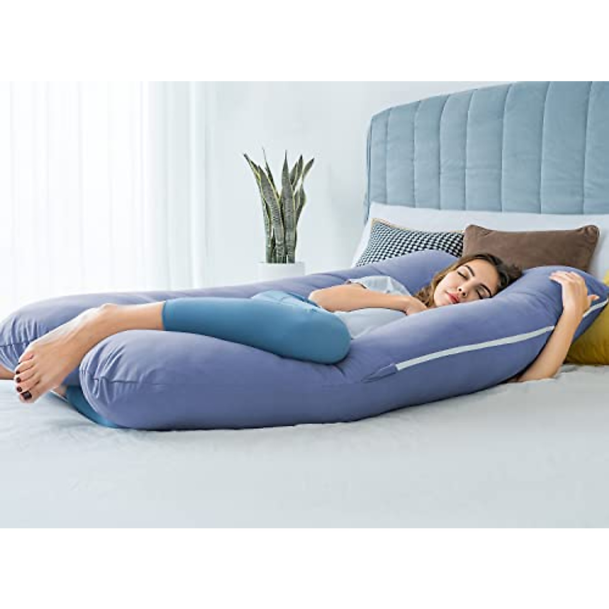 QUEEN ROSE Pregnancy Pillows, Cooling U Shaped Body Pillow for Sleeping, Maternity Pillow for Pregnant Women, Organic Cotton and Back Pain Relief, Blue