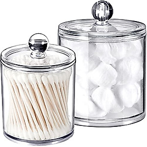 Qtip Dispenser Holder Bathroom Vanity Organizer Apothecary Jars Canister Set for Cotton Ball,Cotton Swab,Q-tips,Cotton Rounds,Bath Salts,Premium Quality Plastic Acrylic Clear | 2 Pack,15 Oz. & 20 Oz.