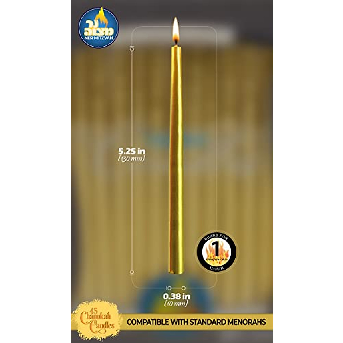 Dripless Chanukah Candles Standard Size - Metallic Gold Hanukkah Candles Fits Most Menorahs - Premium Quality Wax - 45 Count for All 8 Nights of Hanukkah - by Ner Mitzvah