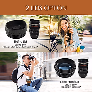 Habitree Coffee Mug- Ideal for Photographers&Travelers - 2 Lids,Cup Holder,Silicone Straw- Stainless Steel Lens Mug Thermos- Christmas gifts- Gifts for him,Portable Cup