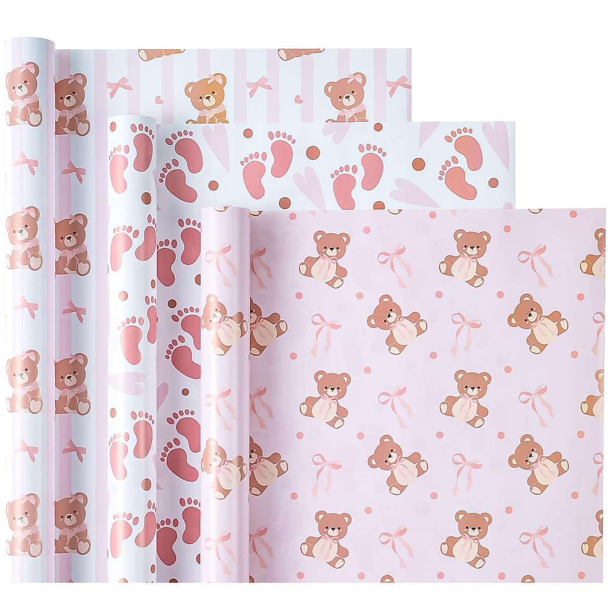 WRAPAHOLIC Baby Shower Wrapping Paper Roll - Mini Roll - 3 Rolls - 17 Inch X 120 Inch Per Roll - Butterfly Girl, Little Bear, Moon, Stripe Design for Kids