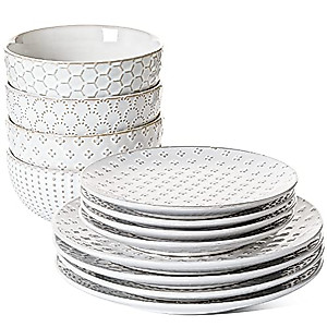 LE TAUCI Dinnerware Sets 12 Piece, Ceramic Plates and Bowls Set, House Warming Wedding Gift, Serve for 4 (10" Dinner Plates + 8" Salad Dish + 22 oz Cereal Bowl) x 4, Dishwasher safe - Arctic White