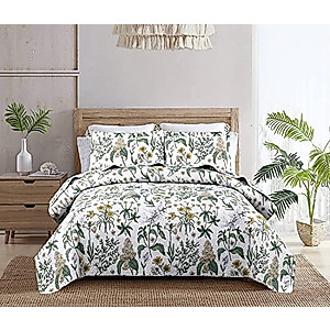 Floral Quilt Set King Size Bedspread Coverlet Green Yellow Flower Bedspread Set King Lightweight Quilt Bedding Spring Summer Floral Coverlet Soft Home Quilts Collection Bedding with 2 Pillowcases