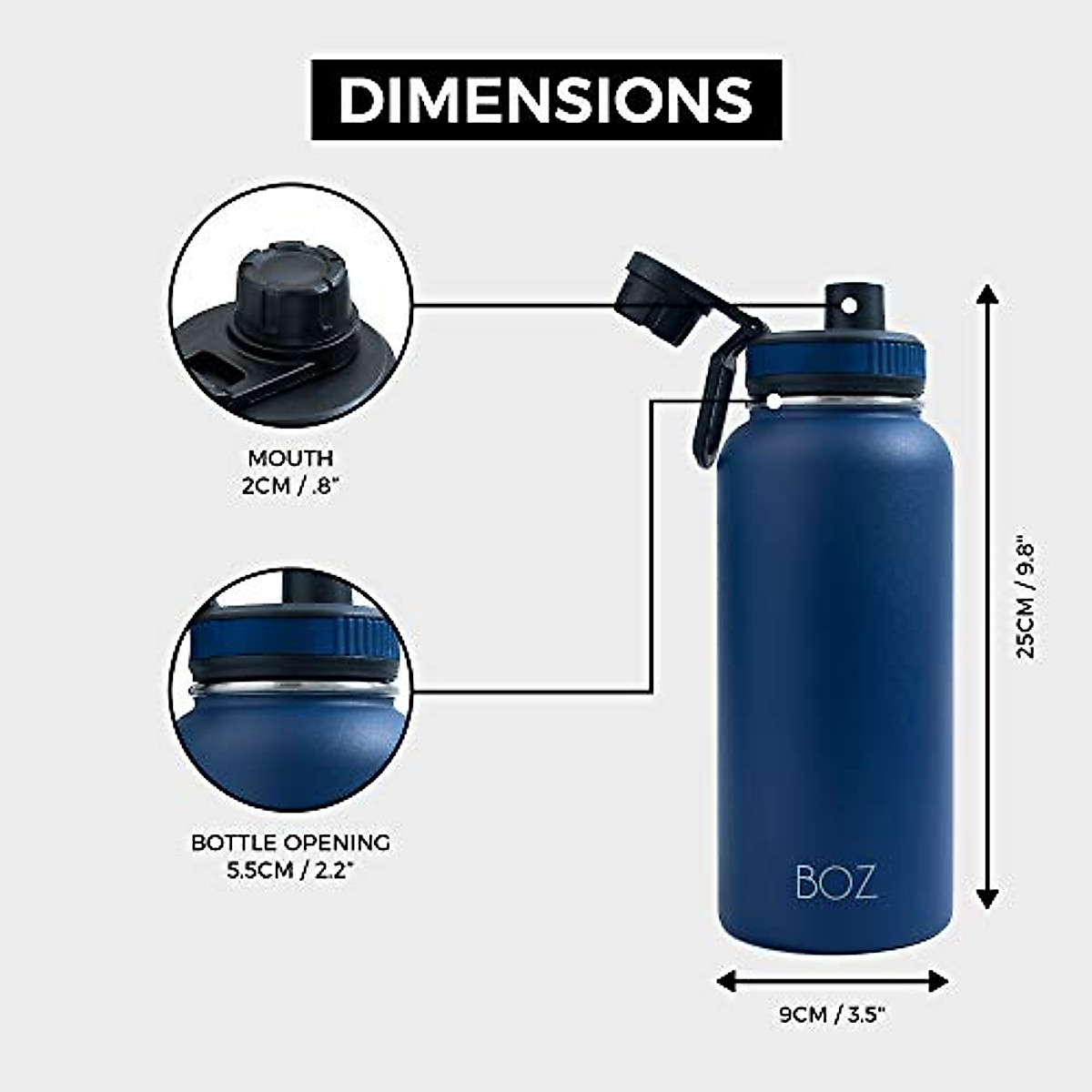 BOZ Stainless Steel Water Bottle XL (1 L / 32oz) Wide Mouth, BPA Free, Vacuum Double Wall Insulated (Monaco Blue)