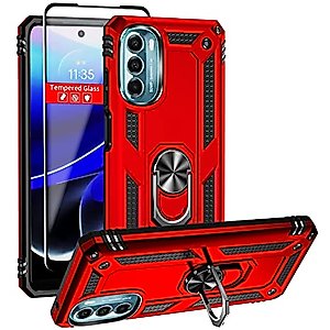 SunRemex Moto G 5G 2022 Case: Tempered Glass Screen Protector, Magnetic Ring Holder Kickstand, Military Grade - Red