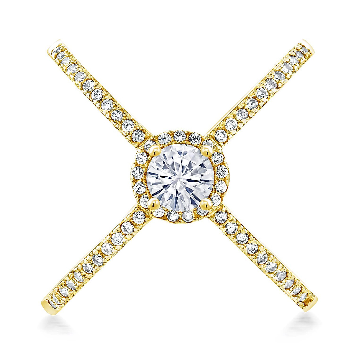 Gem Stone King 18K Yellow Gold Plated Silver Criss Cross X Ring Set with Moissanite (1.32 Cttw) (Size 7)