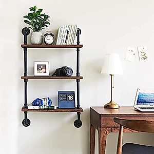 YMYNY Industrial Pipe Shelf Bracket, 2 Tiers and 3 Tiers Retro Wall Mounted Floating Shelf, 24" Farmhouse Bathroom Shelving, Set of 2