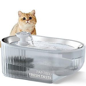 Premium Cat Water Fountain - 304 Stainless Steel Tray, Ultra-Quiet 5V Pump, Emergency Water Storage, 360 Degree Transparent Water Tank with Water Level Indicator, 84oz/2.5L, Oval Design, LED Light