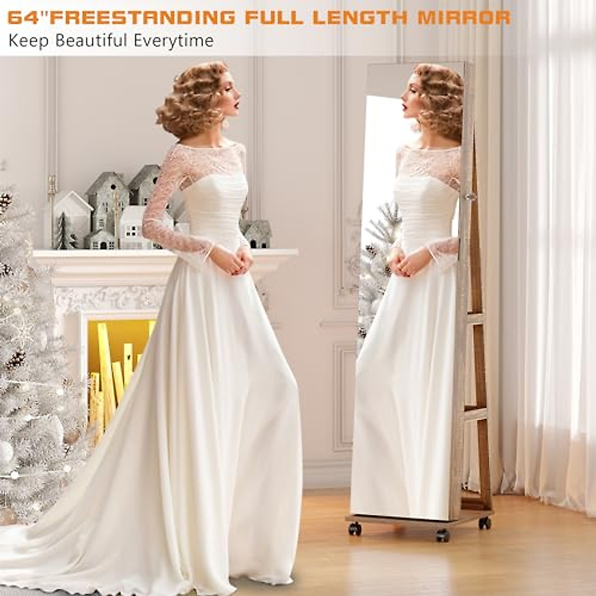 Lvifur 360° Rotating 64'' Jewelry Armoire with 6 LEDS, Full Length Mirror Large Capacity Jewelry Organizer Armoire, Lockable Floor Standing Mirror with 4 rollers for Bedroom, Cloakroom