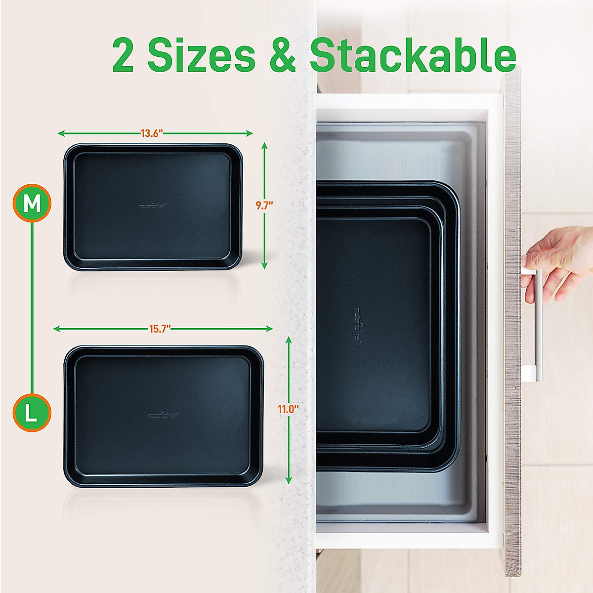 NutriChef Non-Stick Cookie Sheet Baking Pans - 2-Pc. Professional Quality Kitchen Cooking Non-Stick Bake Trays w/ Blue Diamond Coating Inside & Outside, Dishwasher Safe - NutriChef, One Size