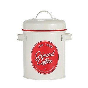 Amici Home Fair Trade Metal Coffee Canister | White/Red Storage Container with Handles | 64 Ounce Capacity | Coffee Canister with Lid for Kitchen Countertop