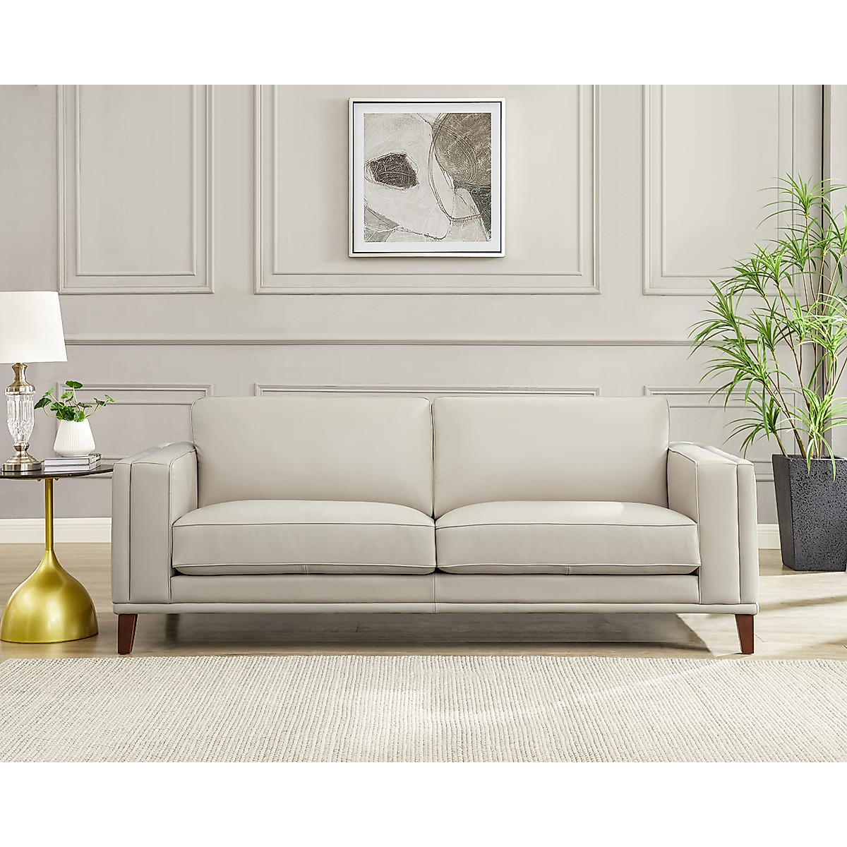 Hydeline Lyon Top Grain Leather Sofa Couch, 89", Vanilla, Feather Down, Memory Foam and Springs Seating