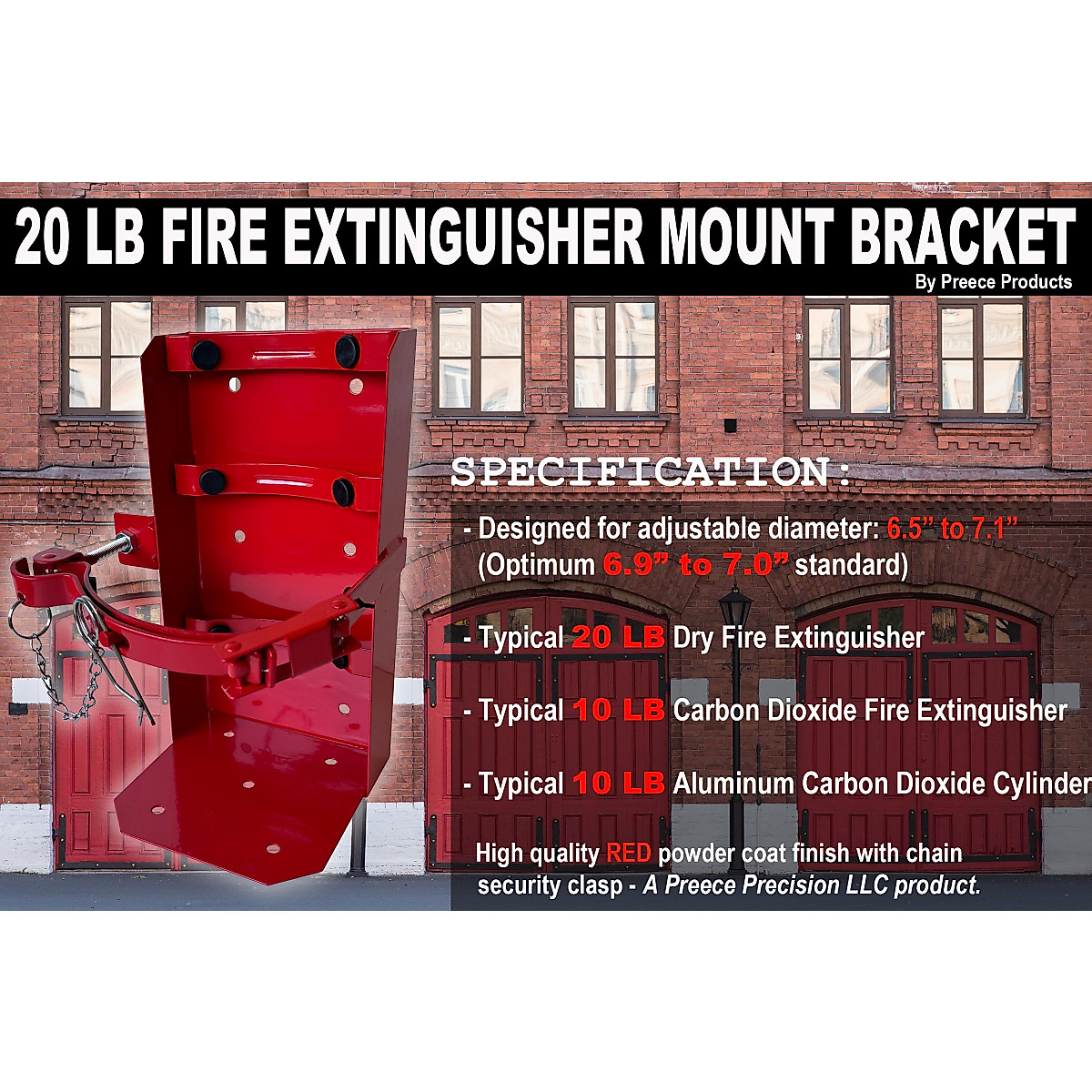 Heavy Duty 20 LB Fire Extinguisher Mount Bracket for Vehicle and Building for 20lb Dry and 10lb Co2 6.9" Diameter, Generic for 810 by amerex - Preece Precision