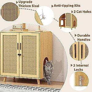 Lovinouse Large Cat Litter Box Enclosure, Hidden Cat Washroom Furniture with Sisal Covered Doors, 2 Layer Wooden Cat Cabinet with Adjustable Shelf, Side Table TV Stand for Living Room