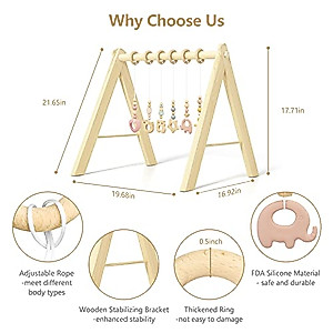 BESFAN Wooden Baby Gym with 6 Toys, Foldable Baby Play Gym Frame Activity Center Hanging Bar Newborn Gift, Wooden Baby Hanging Toys for Play & Learn