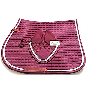 Horse English Saddle PAD with Matching Fly Bonnet with Ear NETS Breathable Cotton Handmade Full Size Stretchable Ears (Purple, Full)