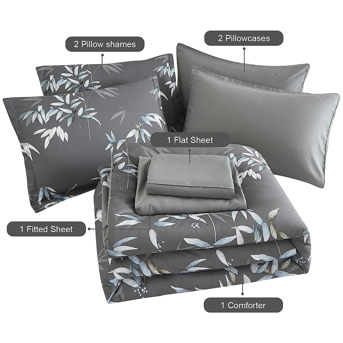 LXWORX Comforter Set King Size - 7 Pieces Bed in a Bag, Bedding Set, Soft Lightweight Grey Comforter Sets with Sheets and Pillows (Grey,King)
