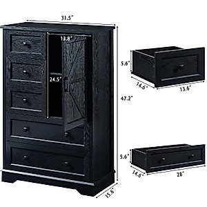 SOOWERY Black Dresser for Bedroom, 5 Drawers Farmhouse Wood Dresser with Double Storage Cabinet, 48 Inches Tall Dresser for Bedroom, Hallway