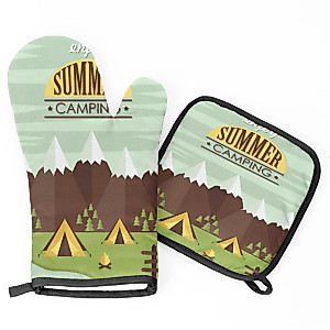 Enjoy Summer Camping Oven Mitts and Pot Holders Sets of 2 Heat Resistant Non-Slip Kitchen Gloves Hot Pads with Inner Cotton Layer for Cooking BBQ Baking Grilling