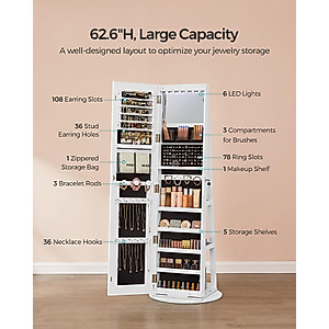 SONGMICS LED Mirror Jewelry Cabinet Standing, Lockable Jewelry Armoire with Full-Length Mirror and Adjustable LED Lights, Space-Saving Jewelry Organizer with Mirror, Gift Idea, Cloud White UJJC008W01