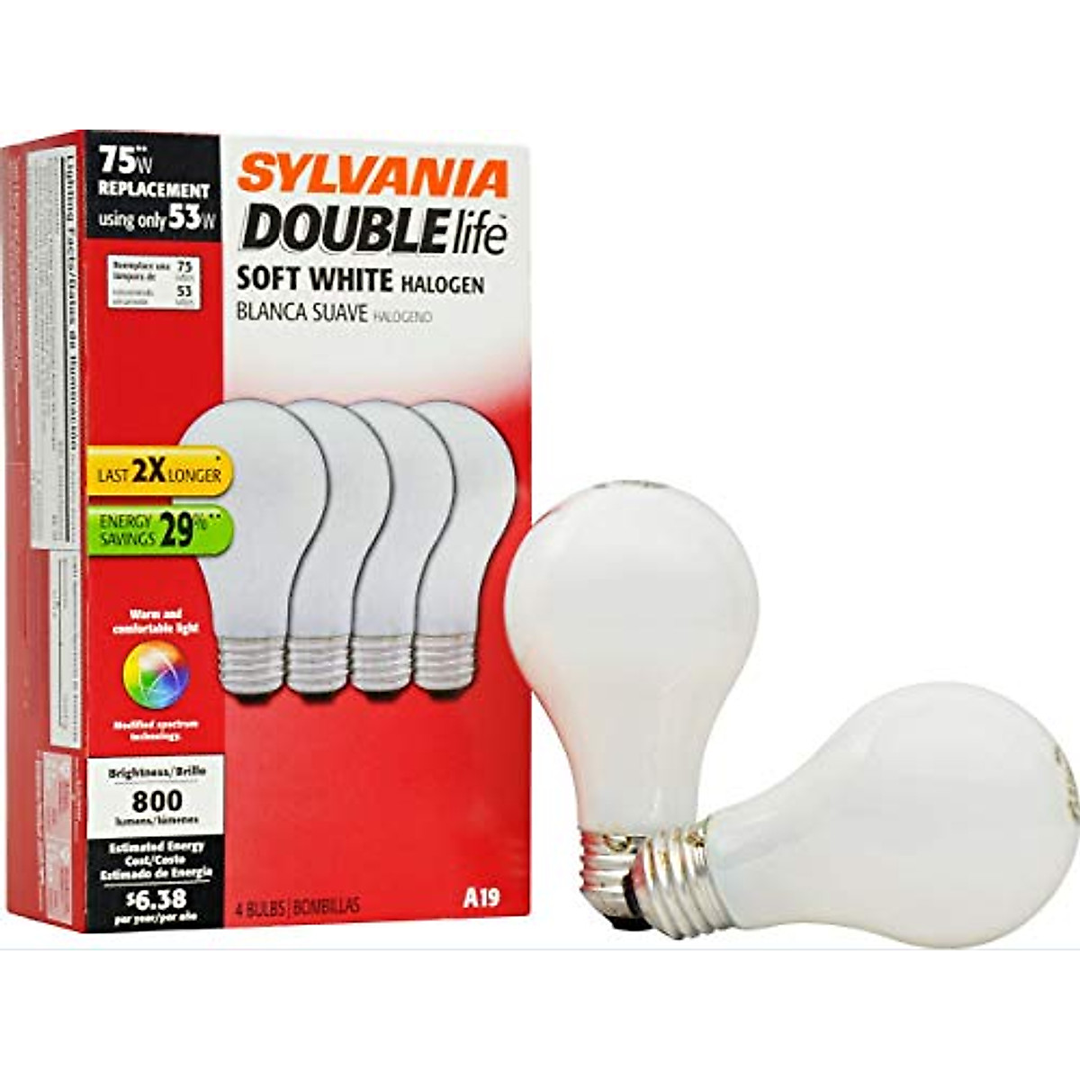 SYLVANIA Double Life Halogen Light Bulb, A19, 75W Equivalent, Efficient 53W, 800 Lumens, Soft White - 4 Pack (50045)