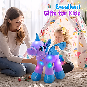 Houwsbaby LED Musical Stuffed Animal Unicorn Soft Singing Light Up Plush Toy Lullaby Animated Soothe Birthday Gifts for Kids Toddler Girls, White, 10.5''