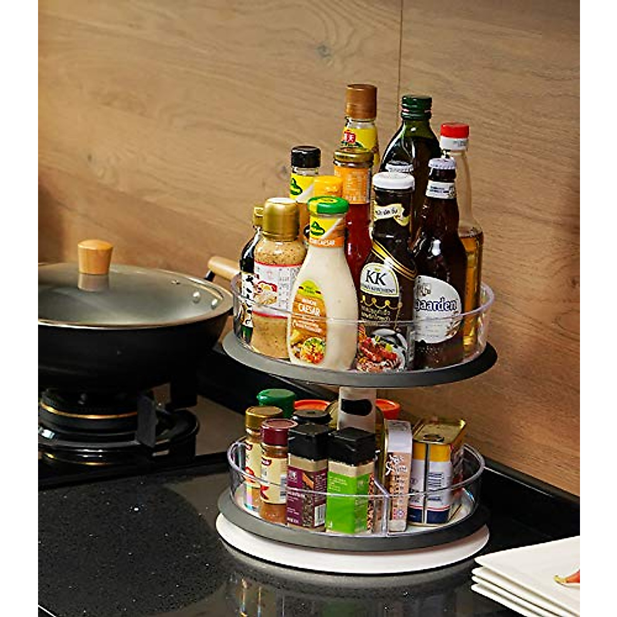 Yesland 2-Tier Lazy Susan Turntable with Large Bin and 3 Dividers, 11.25'' Height Adjustable Cabinet and Spice Rack Organizer with Removable Clear Storage Bins for Kitchen Pantry Snack Fruit Makeup