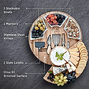Large Cheese Cutting Board Charcuterie & Knife Set - Round Unique Swivel Bamboo Charcuterie Board Set For Parties - Wine Cheese Board Charcuterie Platter For Serving The Family - Cheeseboard Gift Set