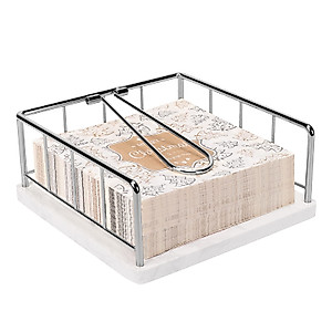 Livabber Flat Napkin Holder, Metal Kitchen Napkin Holder with Weighted Tension Arm Rustic Tissue Paper Dispenser for Countertop, Table Kitchen, Dining Room (With Marble Base, Chrome)