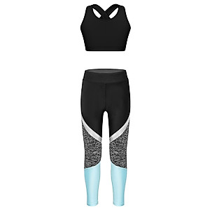 TiaoBug Kids Girls Crop Tops and Athletic Leggings 2 Pieces Activewear Set Leopard Print Gym Yoga Workout Outfits Black&Light Blue E 12