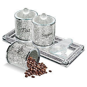 LYTDMSKY 4 Pcs Coffee Sugar Container Set, Tea Canister and Crushed Diamond Tray, Decorative Kitchen Canisters with Lid, Bling Glass Snacks Sugar Containers Kitchen Coffee Jar Storage Containers
