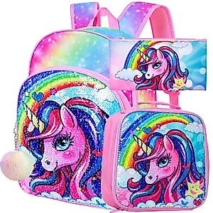 TXHVO 3PCS Unicorn Backpack, 16" Rainbow Sequin Bookbag for Girls, Elementary Preschool Preschool School Backpacks with Lunch Box - Pink