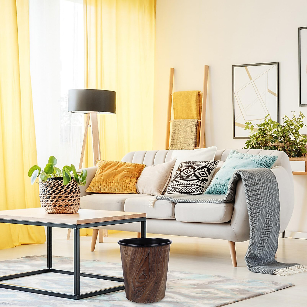 SEWACC Retro Imitation Wood Grain Trash Can Plastic Garbage Can Plastic Garbage Container Household Garbage Can Rustic Waste Container Office Trash Bin Kitchen Trash Bin Waste Basket