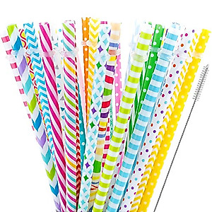 40 Pieces Reusable Straws BPA-Free 9" Colorful Printing Hard Platic Stripe Drinking Straw for Mason Jar Tumbler Family or Party Use Cleaning Brush Included Random Style (Casual Style)