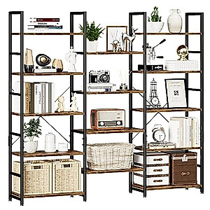 NUMENN Triple Wide 5 Tier Bookshelf, Rustic Industrial Style Bookcases and Bookshelves with 14 Open Display Shelves, Modern Tall Bookcase Furniture for Bedroom, Living Room and Home Office, Vintage