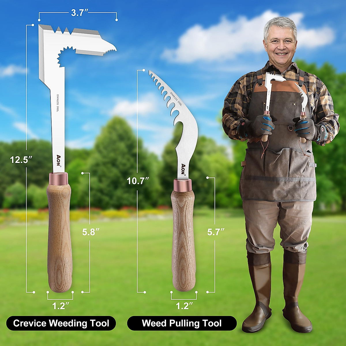 AON 2Pack Hand Crack Weeder Puller Tool Set - Made with Heat Treated Steel and Ash Wood Ergonomic Handles, Weeding Tools Ideal for Gardens and Patio Lawns to Effectively Pull Out Weeds & Their Roots.