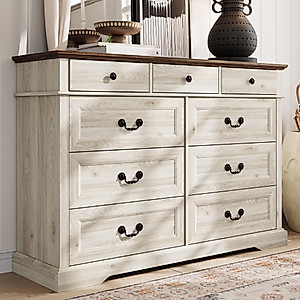 LINSY HOME Farmhouse 9 Drawers Dresser for Bedroom, Wood Bedroom Dresser Wide Chest of Drawers, French Country Storage Double Dressers Organizer for Bedroom, Living Room, Beige