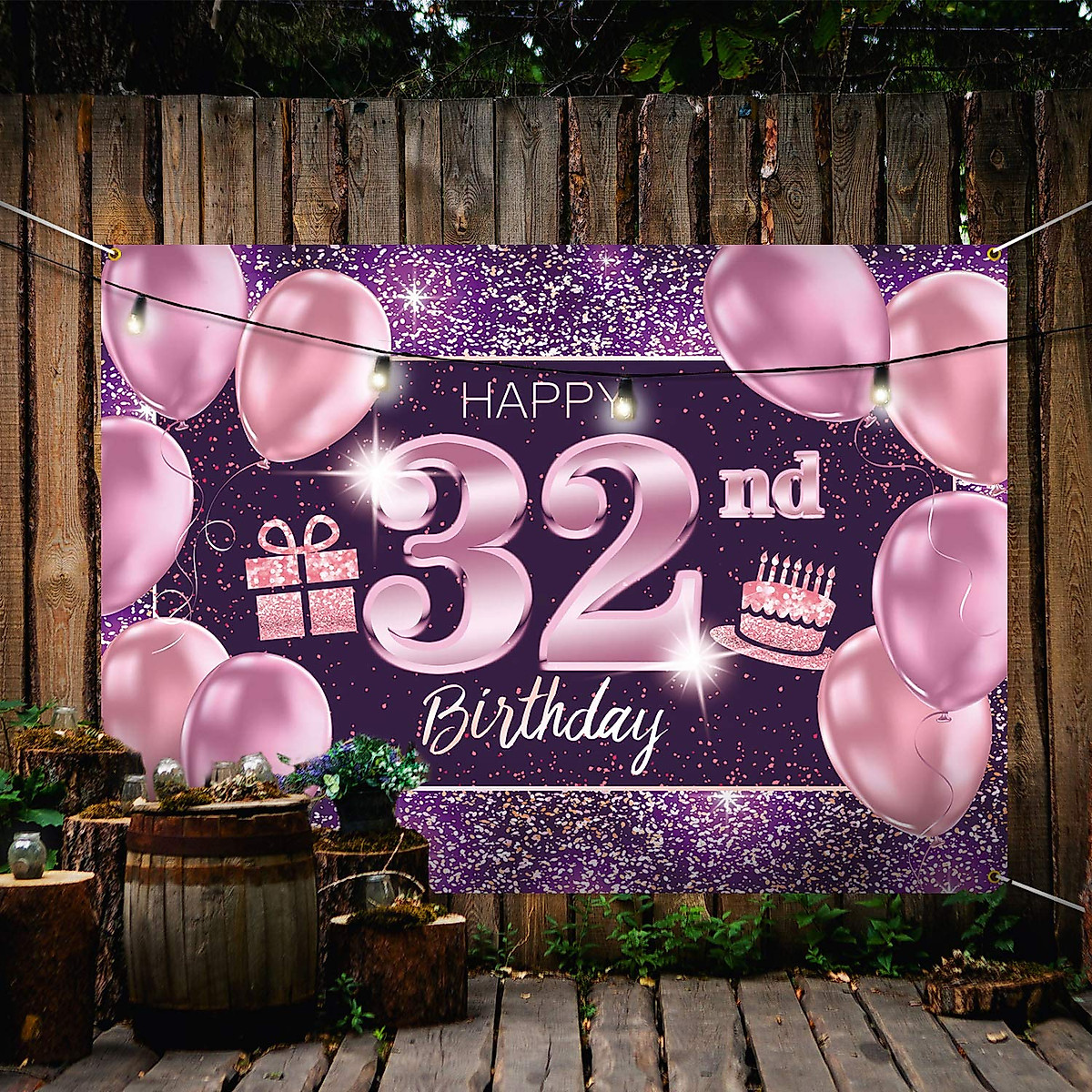 PAKBOOM Happy 32nd Birthday Banner Backdrop - 32 Birthday Party Decorations Supplies for Women - Pink Purple Gold 4 x 6ft