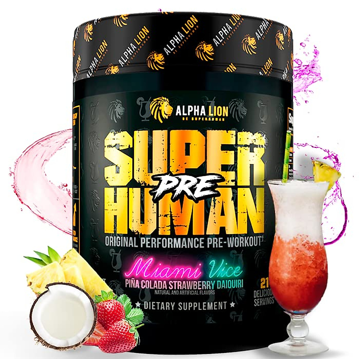 ALPHA LION Superhuman Pre Workout Powder, Beta Alanine, L-Taurine & Tri-Source Caffeine for Sustained Energy & Focus, Nitric Oxide & Citrulline for Pump (21 Servings, Miami Vice)