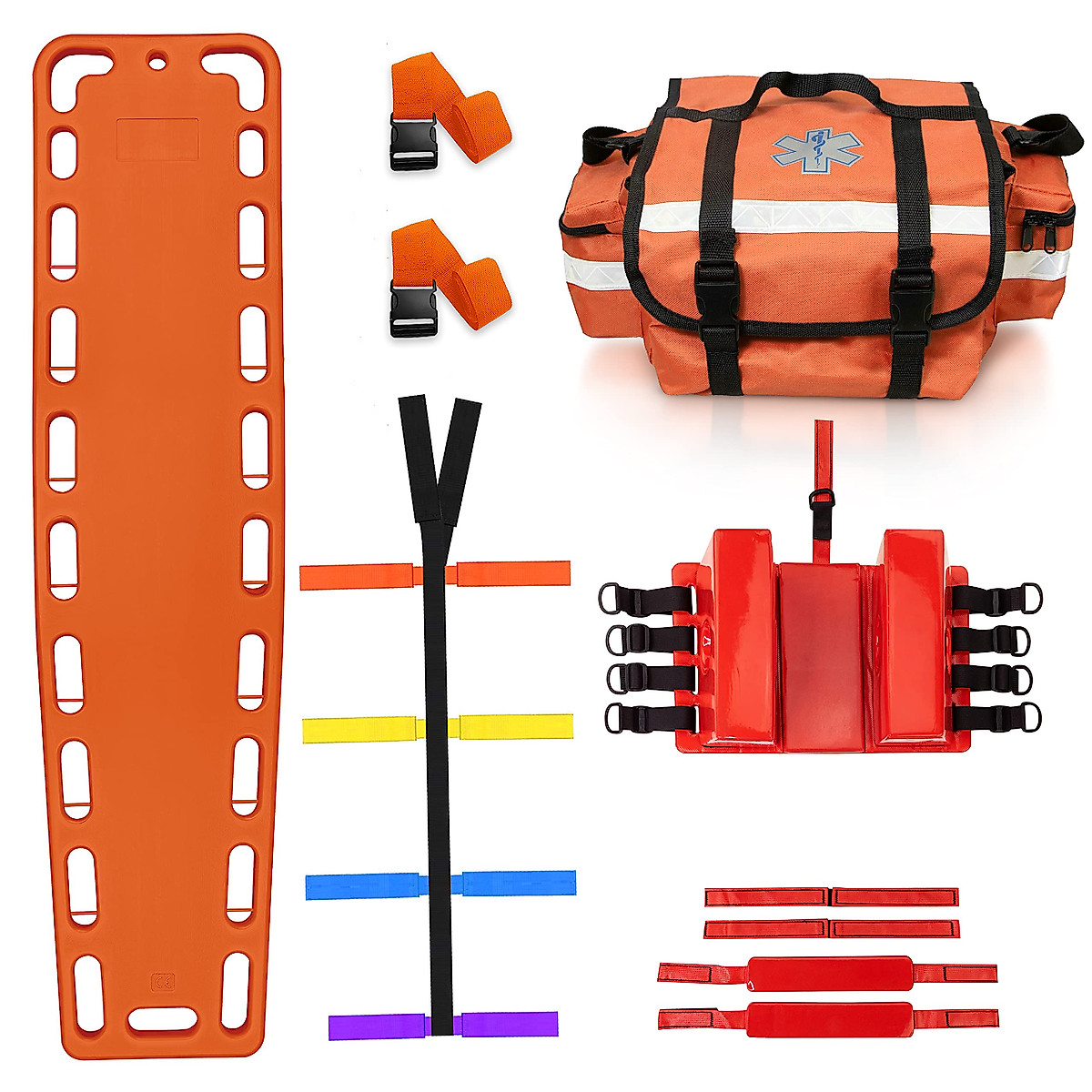 SURGICAL ONLINE First Responder EMT Backboard Spine Board Stretcher Immobilization with Head Bed and Spider Straps - Gift EMT Trauma Bag … (Orange)