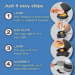 Hamilton Beach Breakfast Sandwich Maker with Egg Cooker Ring, Customize Ingredients, Perfect for English Muffins, Croissants, Mini Waffles, Dorm Room Essentials, Silver (25475)
