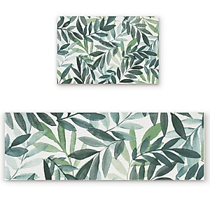 Z&L Home Watercolor Fresh Green Leaves Kitchen Rug Sets 2 Piece Floor Mat Non-Slip Rubber Backing Area Runners Door Mats, Natural Plant Indoor Washable Carpet