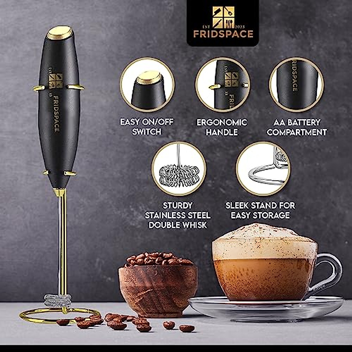 Handheld portable milk frother durable double whisk electric coffee machine, battery operated stainless steel milk mixer with stand, instant foam maker for latte, cappuccino, hot chocolate (Black)