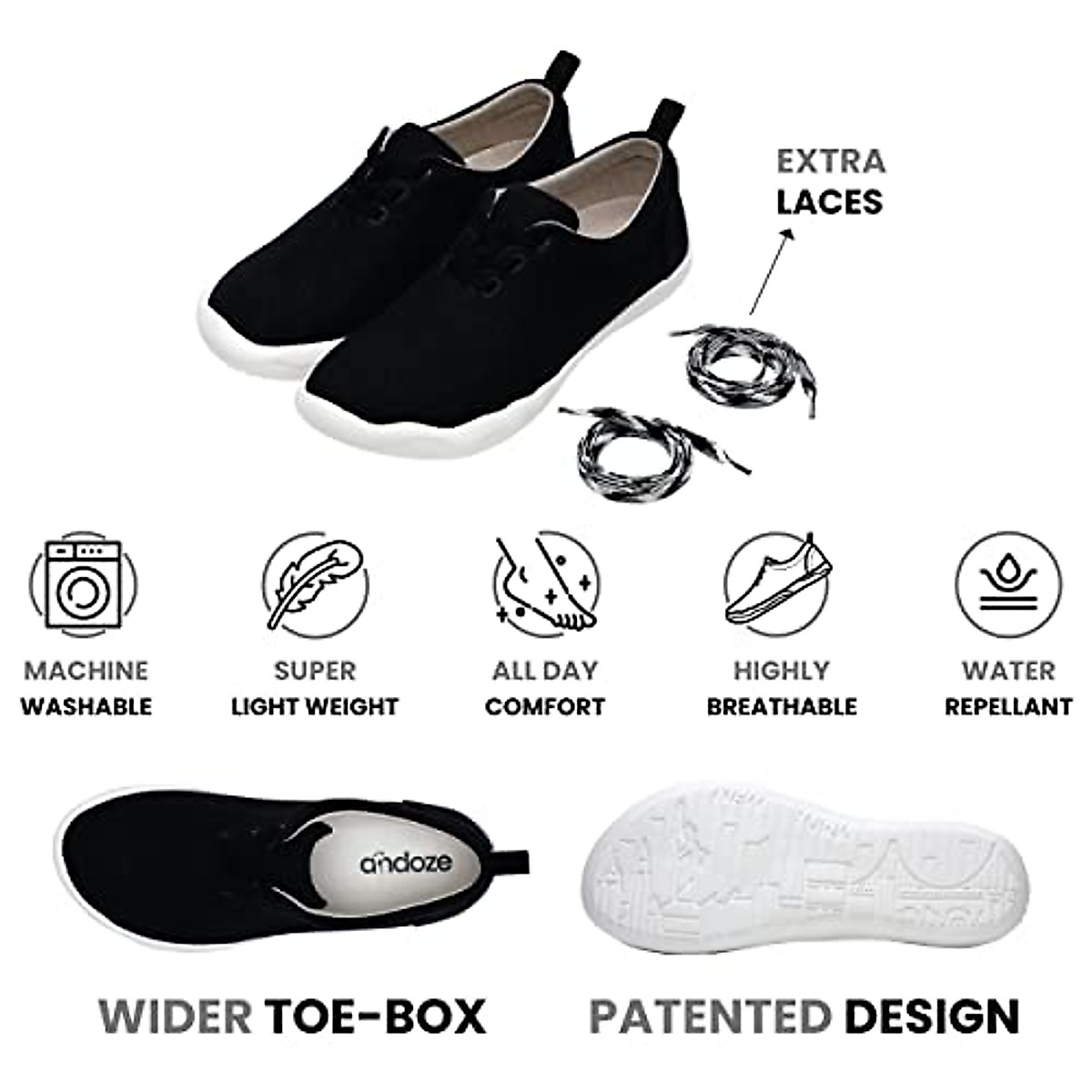 Andoze Natural Sneakers | Men & Women Shoes | Lightweight & Comfortable Lace ups | Eco Friendly, Fashion & Casual Footwear with Extra Laces - Fearless Black