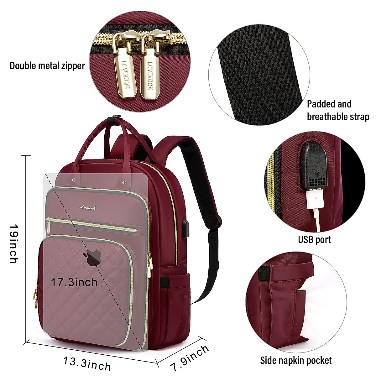 LOVEVOOK Laptop Backpack for Women, Water Resistant Travel Work Backpacks Purse Stylish College Business Teacher Nurse Computer Bag with USB Charging Port, Fits 17" Laptop