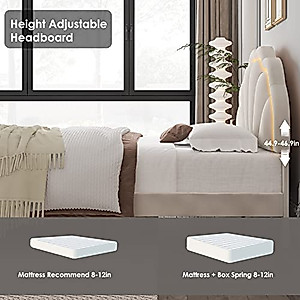 HIFIT Queen Upholstered Smart LED Bed Frame with Adjustable Elegant Flowers Headboard, Platform Bed Frame Queen Size with Wooden Slats Support, No Box Spring Needed, Easy Assembly, Beige