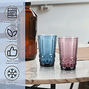 Wongblee Colored Drinking Glasses 10.8 Oz, Vintage Embossed Multicolored Glassware, Romantic Tumblers Glass for Water, Juice, Beverages, Pack of 4
