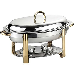 6 Quart Gold Accented Oval Chafing Dish, Full Size Stainless Steel Chafer and Buffet Food Warmers Sets Tray Buffet Catering for Banquets Party (1)