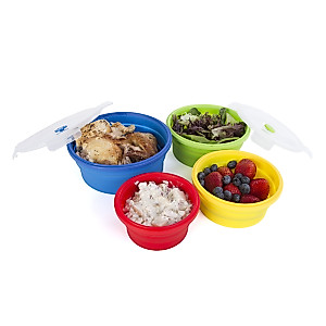 Thin Bins Collapsible Containers Set of 4 Round Silicone Food Storage Containers BPA Free, Microwave, Dishwasher and Freezer Safe - No more cluttered container cabinet! SC-149A