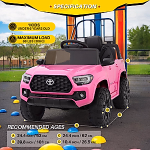 Blitzshark 12V Kids Ride on Car Licensed Toyota Tacoma Battery Powered Motorized Electric Vehicle, with Remote Control, Digital Display, Spring Suspension, Storage Space, Music &FM, Pink